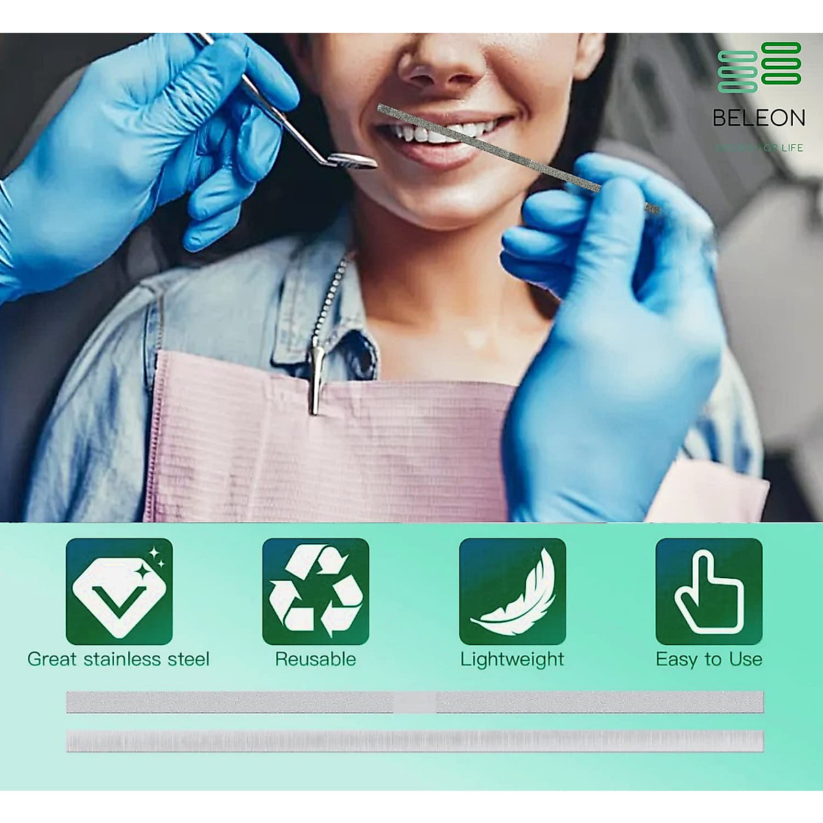 BELEON Dental Diamond Strips - Medium 5pcs 4mm x 145mm - Dental Stainless Steel Strips Abrasive for Contouring Teeth Sanding Strip Gross Reduction Polishing Teeth File Grinding Tooth Polisher