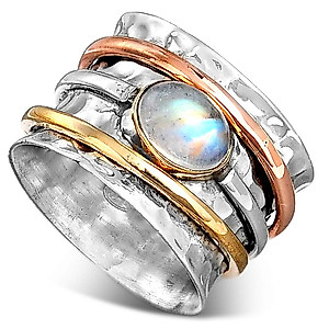 Boho-Magic 925 Sterling Silver Spinner Moonstone Ring for Women with Copper and Brass Fidget Rings Bands (7)