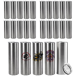 AGH 25 Pack Sublimation Tumbler Blanks with Lid and Straw,20 OZ Straight Stainless Steel Skinny Straight Sublimation Tumbler Cups (25PCS-Stainless Steel)