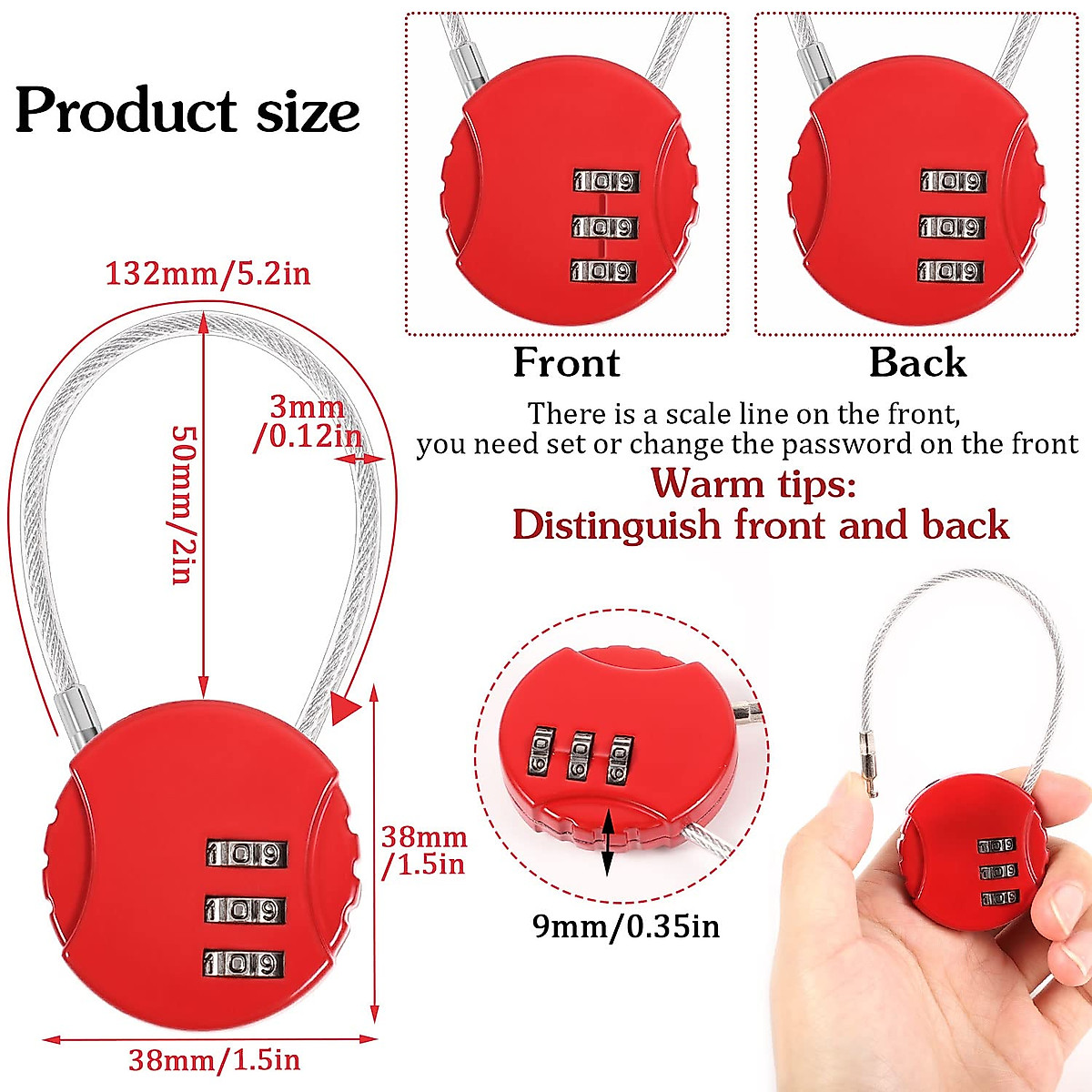 4 Pcs Combination Lock, 3 Digit Combination Padlock Code Lock with Wire Rope Outdoor Waterproof Padlock for Backpack Suitcase Door Sports Locker (Black, Red, Blue, Silver)