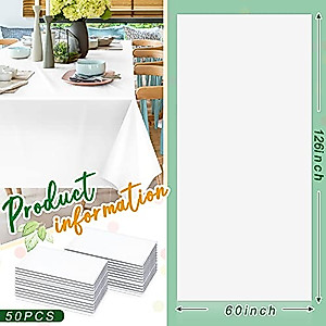 Jecery 50 Pcs Disposable Plastic Tablecloth 60 x 126 Inch Decorative Rectangle Table Cover Plastic Table Cloth for Indoor Outdoor Birthday Wedding Parties (White)