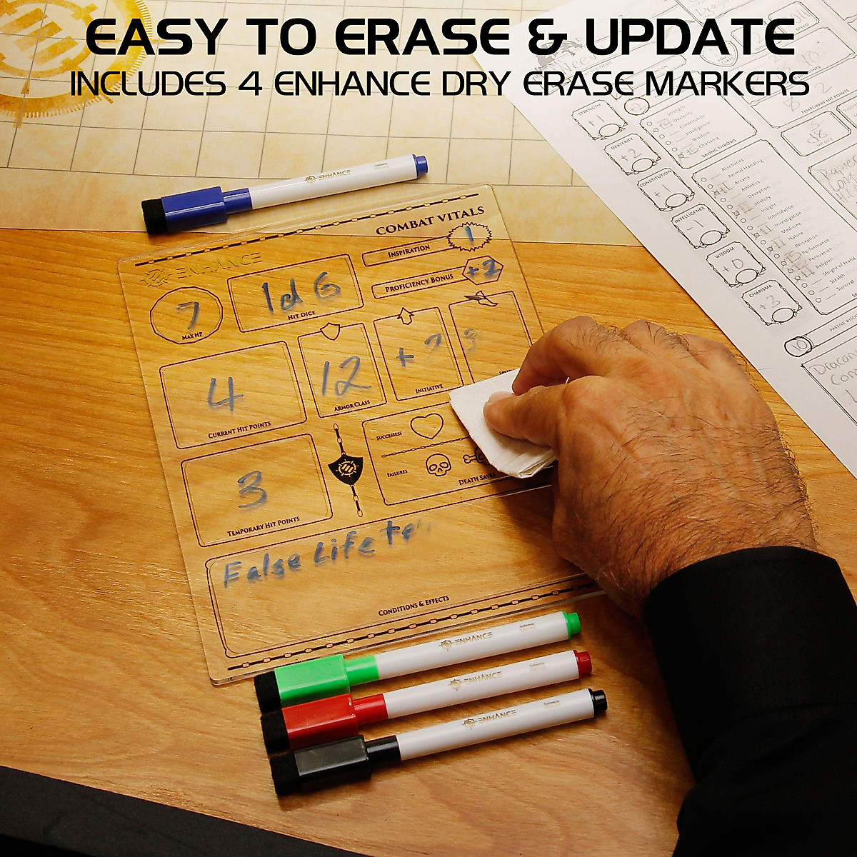 ENHANCE Tabletop Acrylic Character Sheet Set - Reusable 5e Dungeons and Dragons Character Sheets (Combat, Spell, Equipment) for All DND 5e Classes - Includes 3 Pages, Dry Erase Markers, Travel Pouch