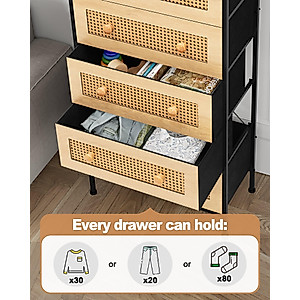 Crestlive Products Rattan Dresser Storage Tower, Tall Fabric Dresser, Chests of Drawers, Wood Top &Wood Handles - Organizer Unit for Bedroom, Hallway, Entryway, Closets - 5 Drawers (Natural)