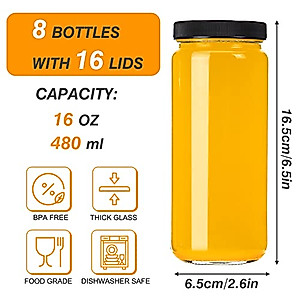 CUCUMI 8pcs 16oz Glass Juice Bottles with Lids, Reusable Juice Containers Drinking Jars Water Cups with Brush, Glass Straws, Lids with Hole and Blank Labels