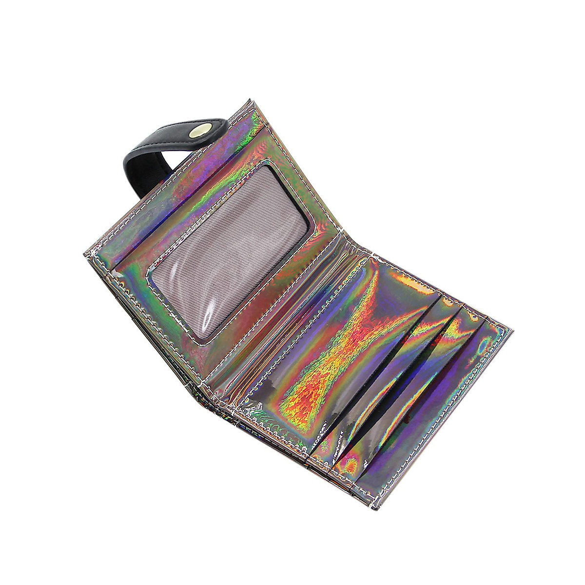 MINGSEECESS Women Bifold Leather Small Wallet Shiny Holographic Zipper Card Holder Coin Change Wallet Clutch Purse with 2 Straps