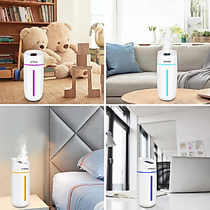 Portable Mini Humidifier, Small Cool Mist Humidifier with Night Light, USB Personal Desktop Humidifier for Baby Bedroom Travel Office Home, Auto Shut-Off, 2 Mist Modes, Super Quiet, with Adapter