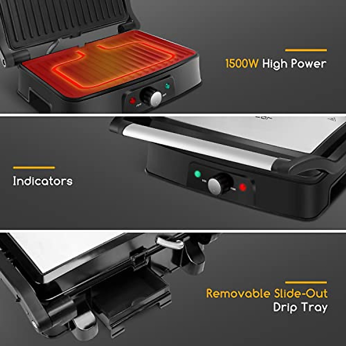 Aigostar Electric Panini Press, 1500W Stainless Steel Sandwich Maker with Adjustable Temperature Setting, Opens 180 Degree Indoor Grill with Non-stick Plates, Removable Drip Tray and Indicator Lights