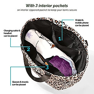 HOMESPON Large Waterproof Beach Bag for Women Sandproof Tote Bag Pool Bag with Zipper and Pockets for Travel Vacation Gym (Leopard Print)