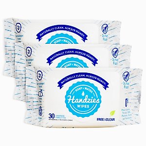 Handzies Alcohol-Free Natural Soap and Water Cleansing Towelettes - Free&Clear - 30ct soft pouch - Pack of 3 (90 total towelettes)
