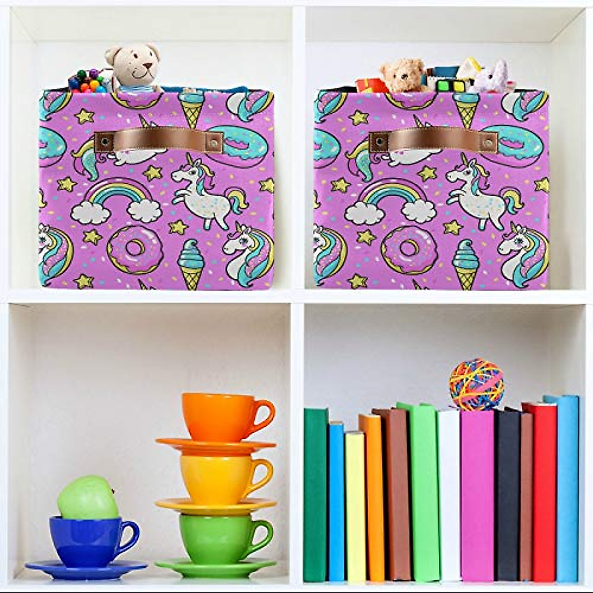 Mazeann Donuts Rainbow Unicorn Storage Basket Bin Collapsible Foldable for Clothes Toys Storage Cabinets Solid PE Waterproof Fabric Storage Box PU Leather Handle 15 x 11 x 9.5 inches 2PCS