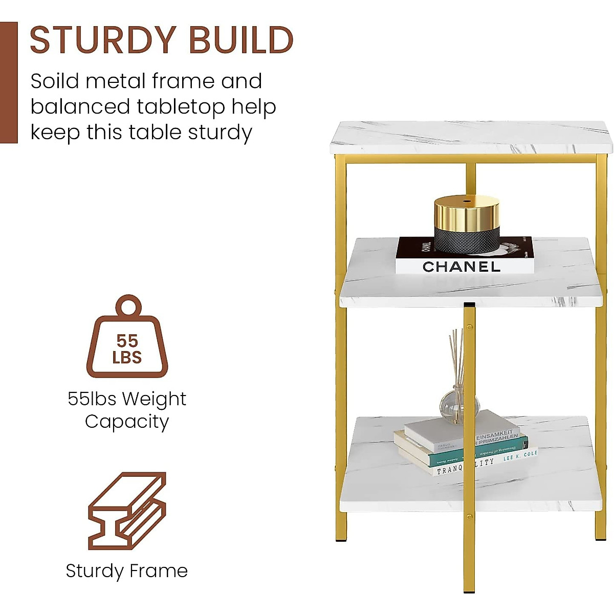 Lamerge Small End Table,3-Tier Gold Side Table,Rectangle Bedside Tables/Nightstand,Marble Coffee Table Corner Table w/Metal Frame,Small Table for Bedroom, Small Spaces,White+Gold