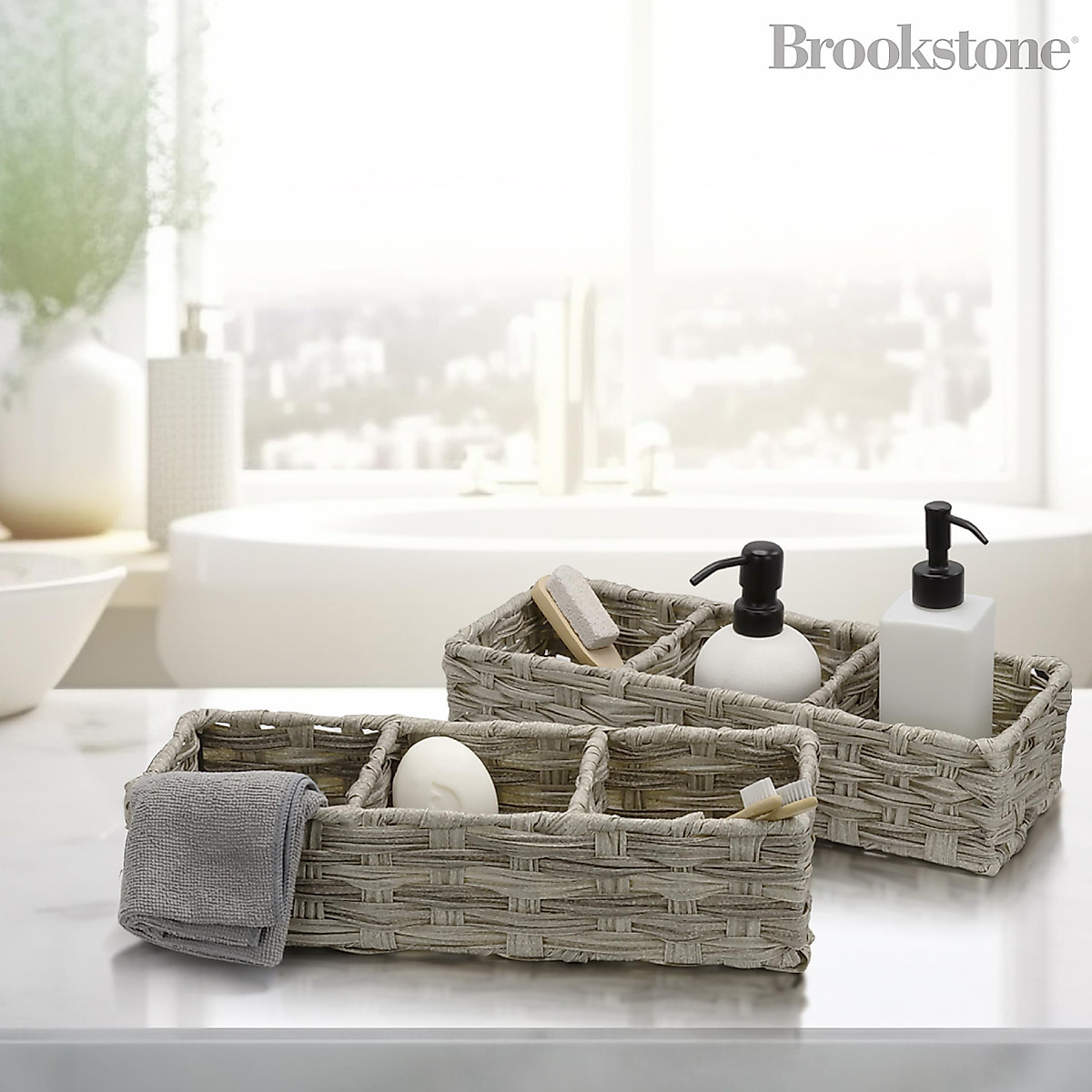 BROOKSTONE, [2 PACK SET] Wicker Storage Basket, Boho Organization and Storage Container, Decorative Shelf Bin, Over the Toilet Paper Reserve, Suitable for Any Home Décor Style