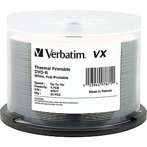 Verbatim DVD-R Blank Disc 4.7GB 16X VX Thermal and Hub Printable - Pack of 50 Spindle White (97671)