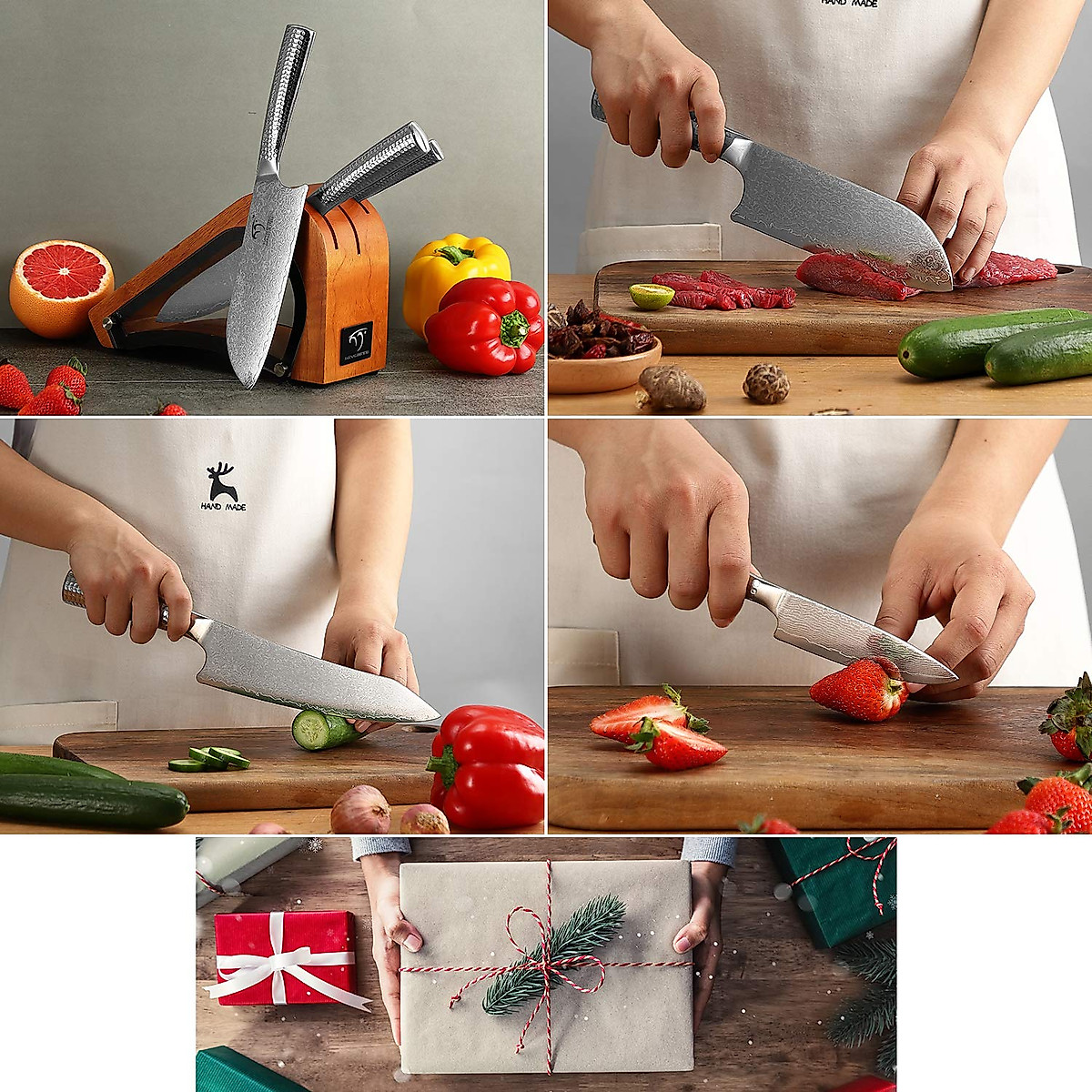 4 Pieces Damascus Kitchen Knife Set with Block, 8” Chef Knife, 7” Santoku Knife, 3.5” Paring Knife, 3 Slots Natural Wood Block, 67 Layer Handmade Damascus VG10 Steel Core, Hammered Ergonomic Handle