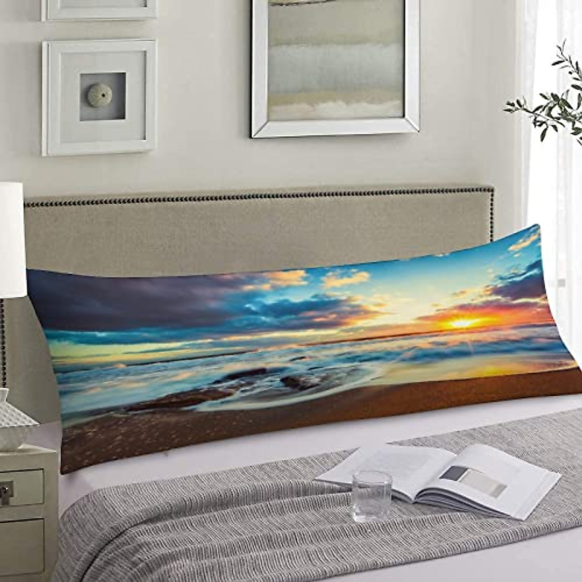 Hawaiian Body Pillow Cover,Hawaiian Coastal Sunset Ocean Sand Beach Waves Printed Long Pillow Cases Protector with Zipper Decor Soft Large Covers Cushion for Beding,Couch,Sofa,Home Gift 20"x54"