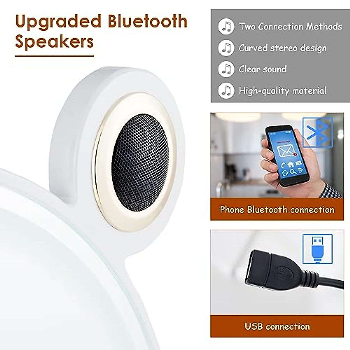 KOTEK Vanity Desk with Touch-Screen Mirror, 3 Lighting Modes, Bluetooth Speakers, Dressing Table with 4 Drawers & Cushioned Stool, Makeup Vanity Table Set for Bedroom Small Space, White