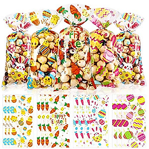 100 Pieces Easter Cellophane Treat Bags, Easter Egg Bunny Chick Carrot Printed Pattern Clear Plastic Candy Goodies Bags with 100 Silver Twist Ties for Easter Day Party Supplies, 4 Assorted Style