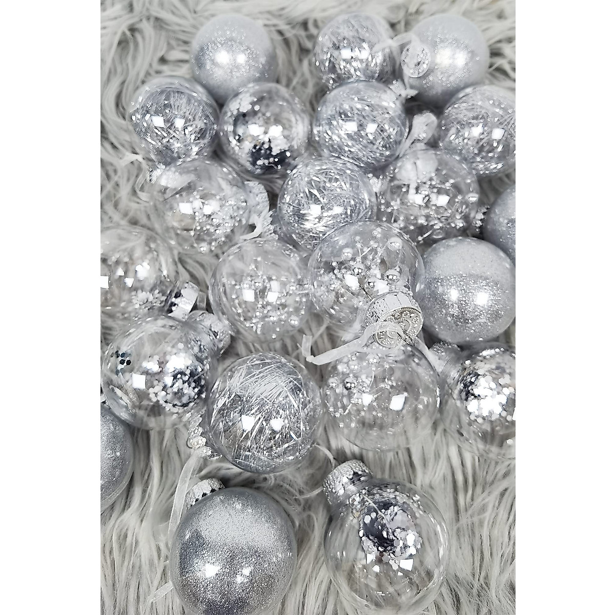 24ct 60mm/2.36" Glitter Christmas Balls Ornaments Shatterproof Clear Plastic Fillable Sphere Balls Ornaments for Xmas Tree Home Decoration (Silver)