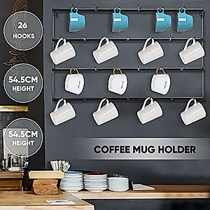 Wall Mount Coffee Mug Holder, Wrought Iron Coffee Tea Cup Hanging Rack Display Organizer Space Saving Mug Hanger with 30 Hooks for Home Kitchen Farmhouse Storage and Collection(4 Tier)