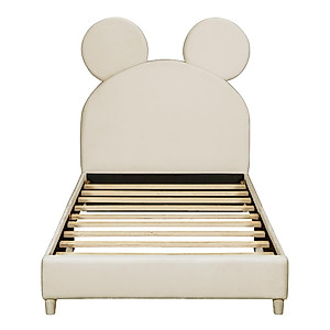 Harper & Bright Designs Twin Size Platform Bed with Bear Ear Shaped Headboard, Modern Velvet Upholstered Twin Bed Frame for Kids,Wood Twin Bed for Girls Boys, No Box Spring Needed, Beige