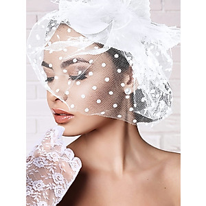 4 Pcs 50s Fascinators Hat for Women Tea Party with Short Lace Gloves Pearl Necklace Earrings for Wedding Halloween Funeral(White)