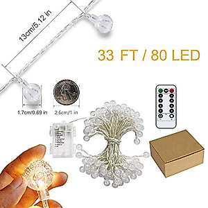 Battery Operated Globe String Lights,Water Proof 33 FT 80 LED Crystal Ball String Lights 8 Modes With Remote Control ,Indoor Outdoor LED Fairy Lights for Home, Christmas, Party Patio, Warm White
