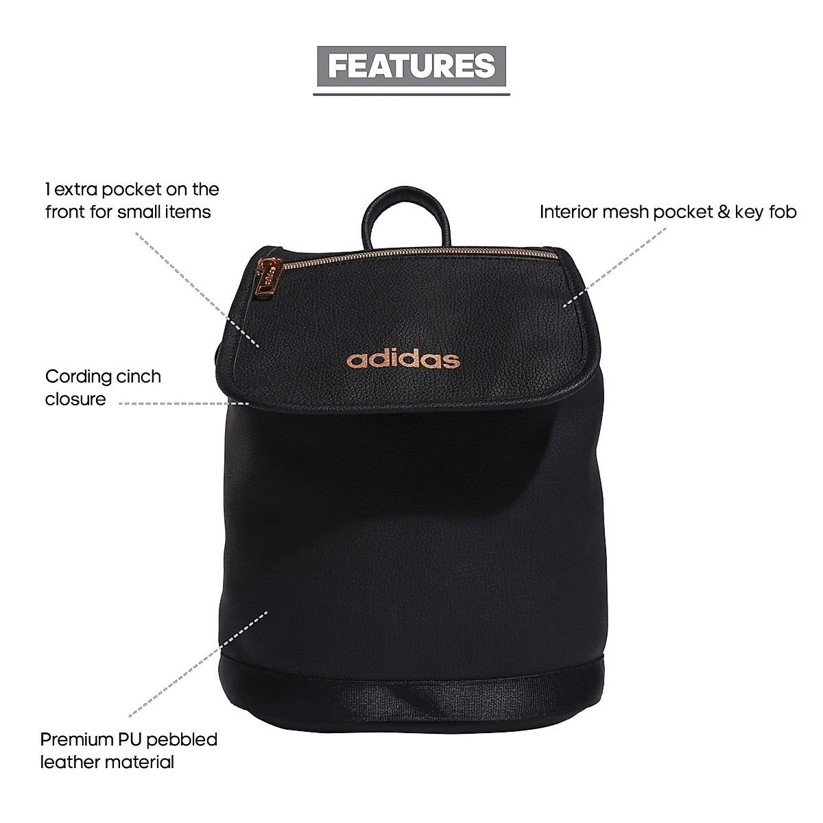 adidas Premium Mini Backpack, Black PU Leather/Rose Gold, One Size