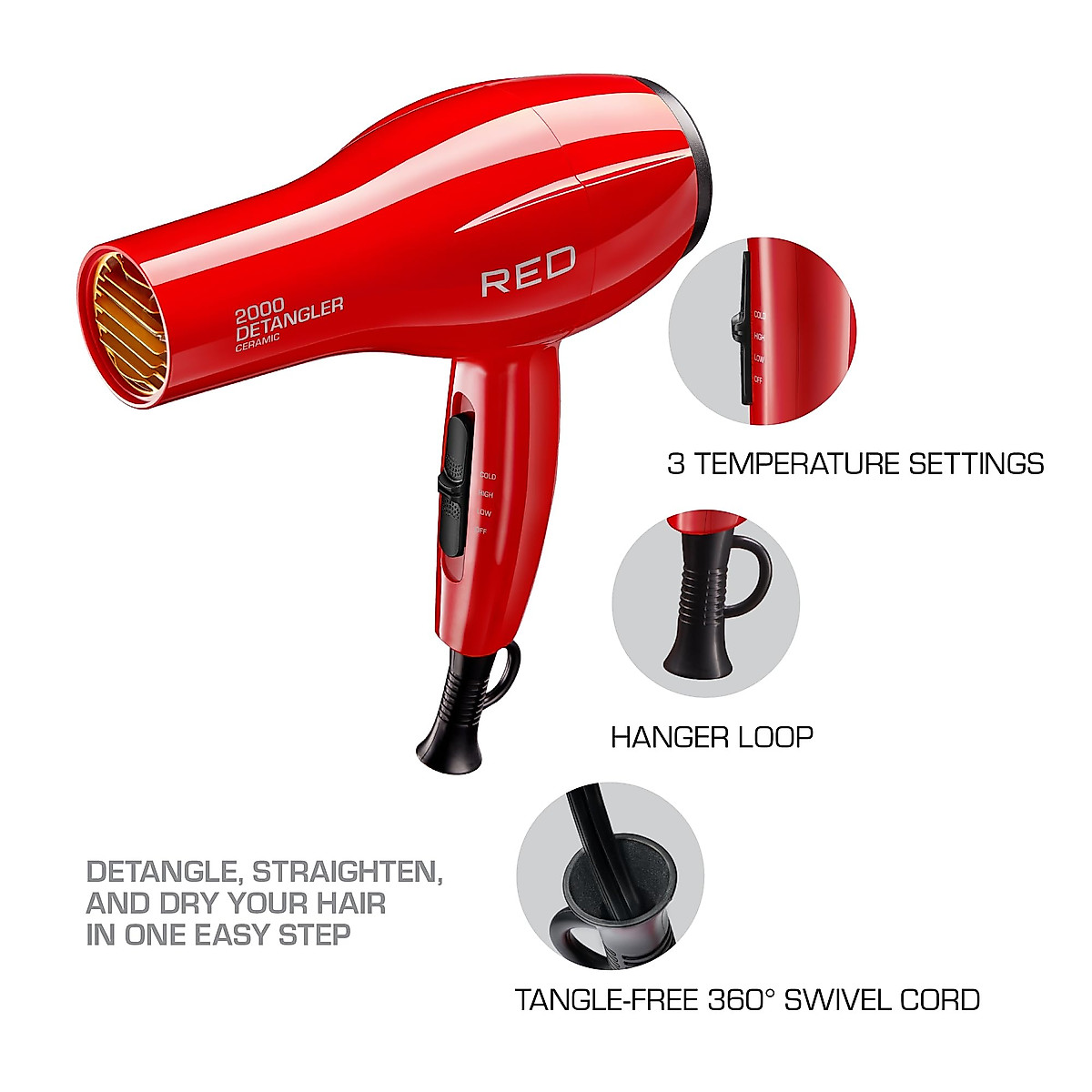 Red by Kiss 2000 Ceramic Hair Dryer, Professional Salon Blow Dryer 3 Attachments Included, 2 Detangler Piks, 1 Air Concentrator, Lightweight