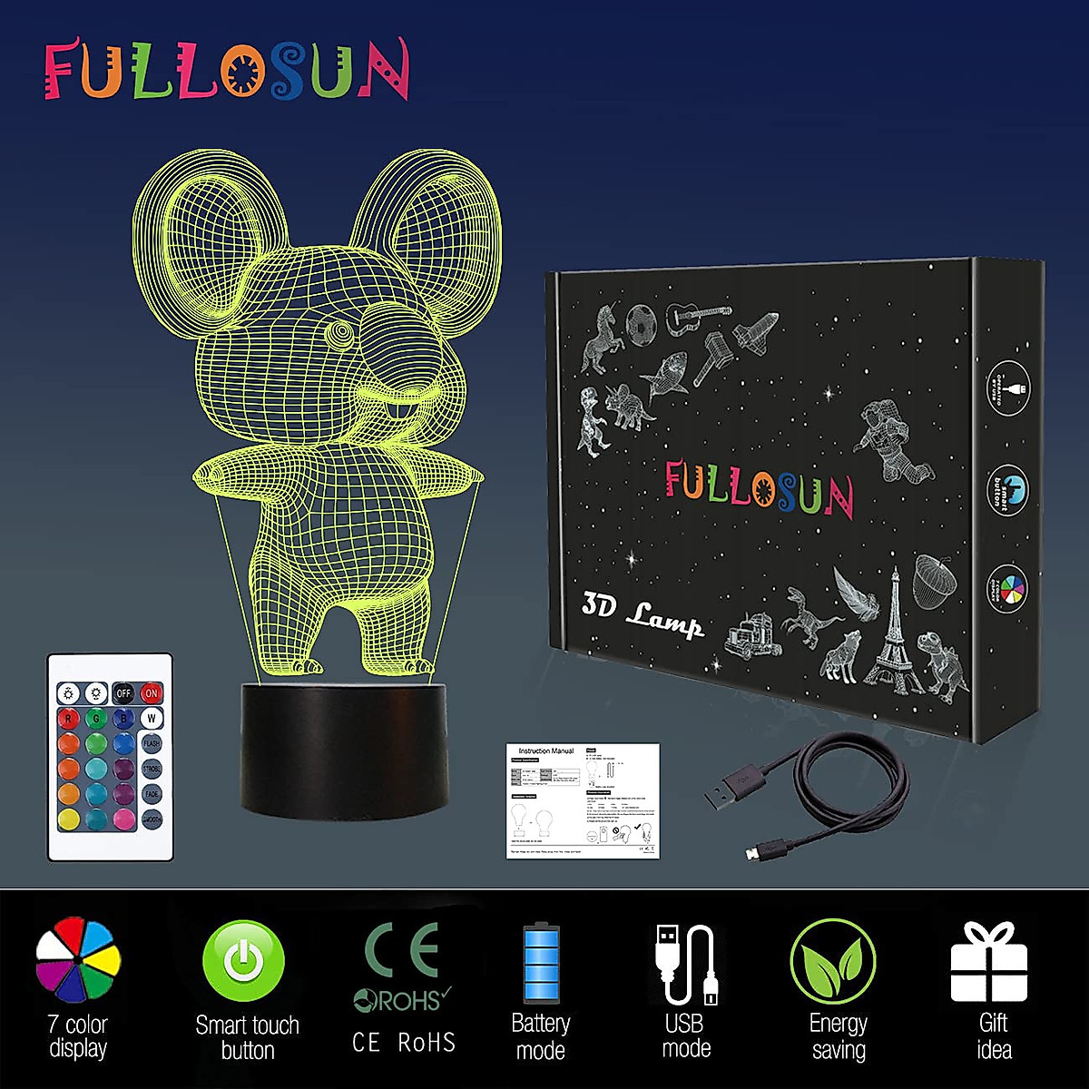 FULLOSUN 3D Koala Night Light Animal Illusion LED Lamp for Kids' Room Decoration with Remote Control 16 Color Changing Unique Xmas Halloween Birthday Gift for Child Baby Boy and Girl