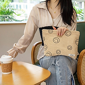 GUTGNK Makeup bag for Women, Corduroy Cosmetic Bag Aesthetic Design Ladies Tote Bag,Cute Smiley Face Makeup Organizer with Zipper - Khaki