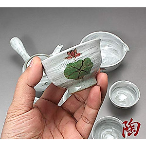 Korean Style Buncheong Porcelain Lotus Flower Tea Ceremony Complete Service Gift Set Ceramic Pottery 11.8 oz (350ml) Side Handle Tea Pot Cups Saucers Teapot Pitcher Bowl for Cooling Hot Water