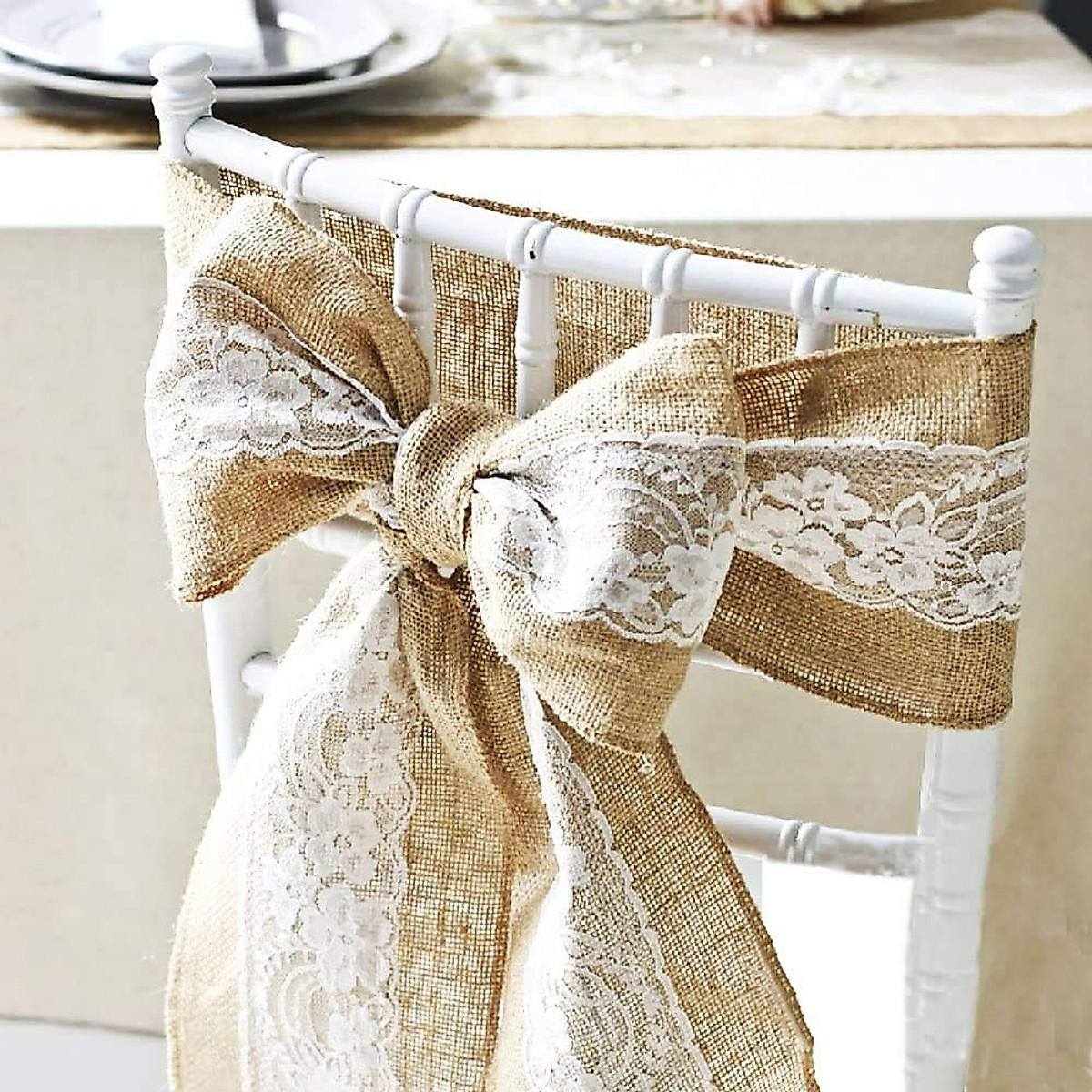 Lelly Q Burlap Lace Chair Sashes 6×94inch,Hessian Jute Chair Cover Bows Rustic Linen Lace Chair Bows for Wedding Decoration, Bridal Showers,Party, Home Decor