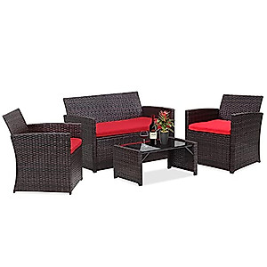 Saemoza Patio Furniture Set, 4 Piece Outdoor Wicker Rattan Patio Furniture with Tempered Glass Tabletop, Brown Wicker| Red Cushions for Outdoor Garden