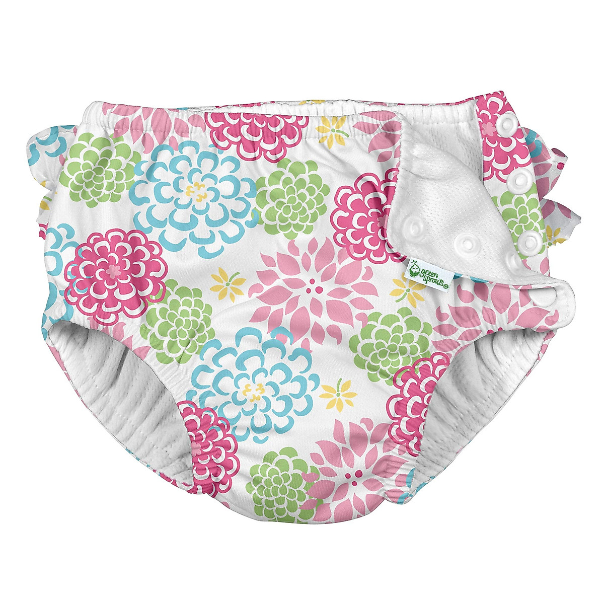 i play. by green sprouts baby girls Ruffle Snap Reusable Absorbent Swimsuit and Toddler Swim Diaper, White Zinnia, 5T US