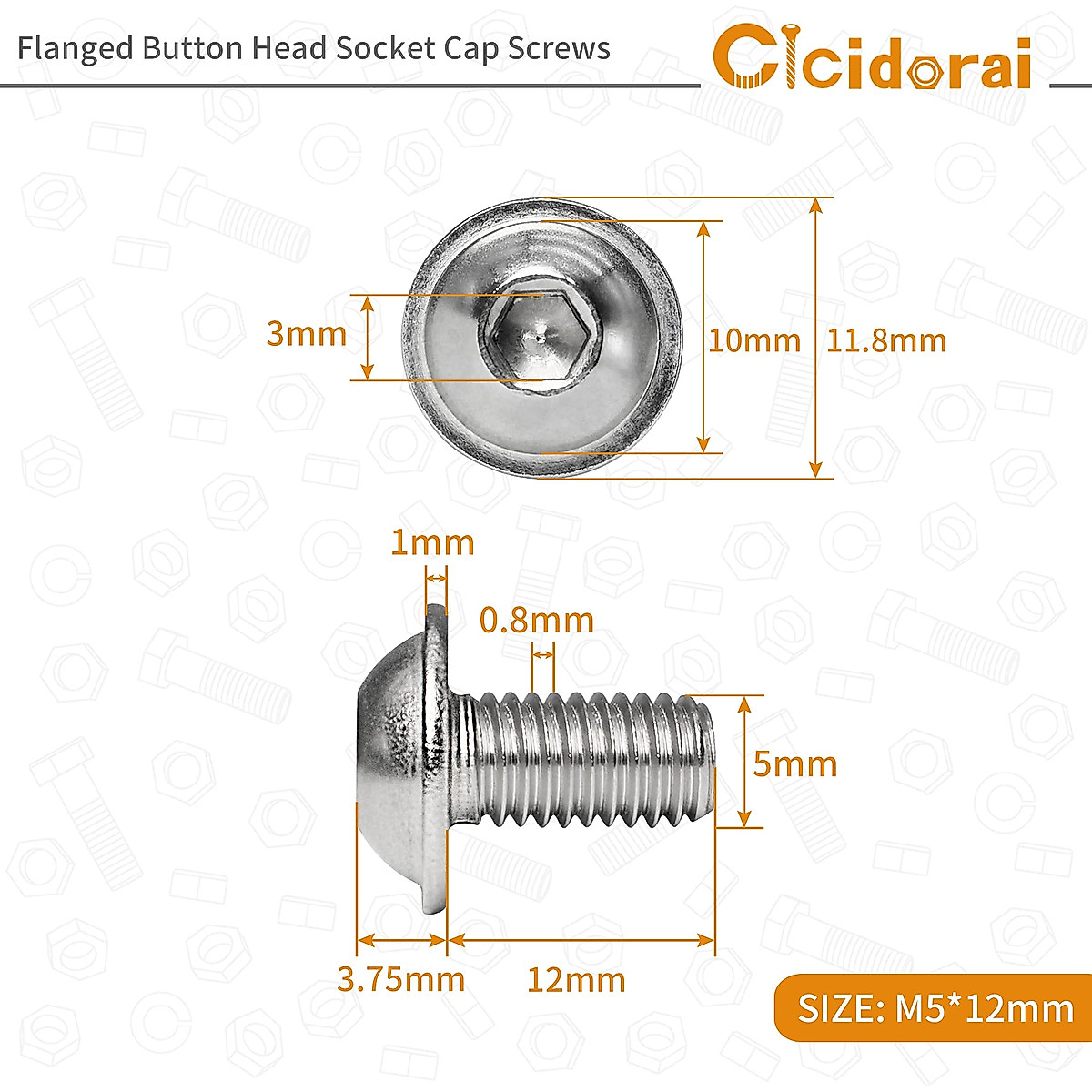Cicidorai M5-0.8 x 12mm Flanged Button Head Socket Cap Screws Bolts, 304 Stainless Steel, Allen Socket Drive, Bright Finish, Full Machine Threads, Quantity 25