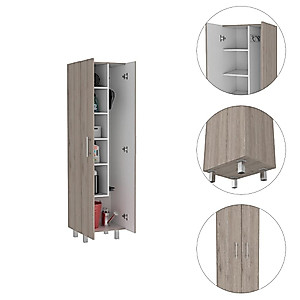 FM FURNITURE Norway Broom Closet Pantry with 5 Shelves and Double Doors, Light Gray/White
