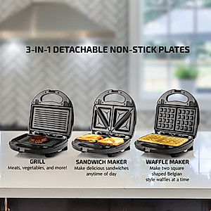 OVENTE 3 in 1 Electric Sandwich Maker, Panini Press Grill and Waffle Iron Set with Removable Non-Stick Plates, Perfect for Cooking Grilled Cheese, Tuna Melts, Burgers, Steaks and Snacks, Black GPI302B