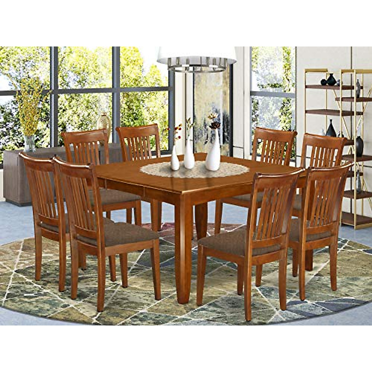 East West Furniture PFPO9-SBR-C 9 Pc Dining Room Set-Table with Leaf and 8 Kitchen Chairs, Microfiber Upholstered Seat