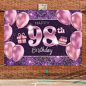PAKBOOM Happy 98th Birthday Banner Backdrop - 98 Birthday Party Decorations Supplies for Women - Pink Purple Gold 4 x 6ft