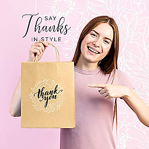 VHOB Artenkraft Medium Thank You Gift Bags Bulk with Handles 50pcs- Premium Brown Kraft Paper Bags for Wedding Birthday Graduation Party Favors Baby Shower Retail Merchandise 8x4.75x10 Inches (Brown)