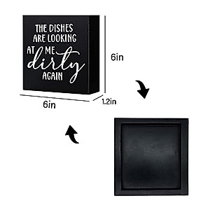 Ywkuiev The Dishes are Looking at Me Dirty Again Funny Rustic Family Home Black Wooden Box Sign Plaque for Kitchen Restaurant (6 X 6 Inch)
