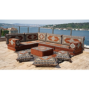 Brown Floor Cushions, Modern Arabic Majlis Set, Floor Sofa Set, Ethnic Sofa, Arabic Jalsa, Moroccan Sofa, Sectional Sofa with Ottoman, Sleeper Sofa (L Sofa + Rug + Poufs)