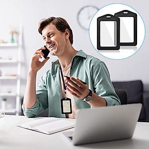 2 Pcs Genuine Leather ID Badge Holder Vertical Double-Side Clear Card Holder Waterproof Name Badge Holder for Office, Staff, Students, Employees(Black&Black)