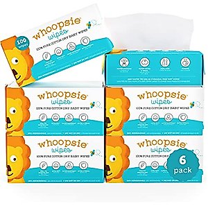 Whoopsie Wipes | Ultra-Soft - 100% Pure Cotton Dry Baby Wipes | Use Wet or Dry | Soft & Sensitive | Hypoallergenic | Extra Strong & Absorbent | Perfect for Diaper Changes, Runny Noses, Drool, Meal Time & Nursing (6-Pack)