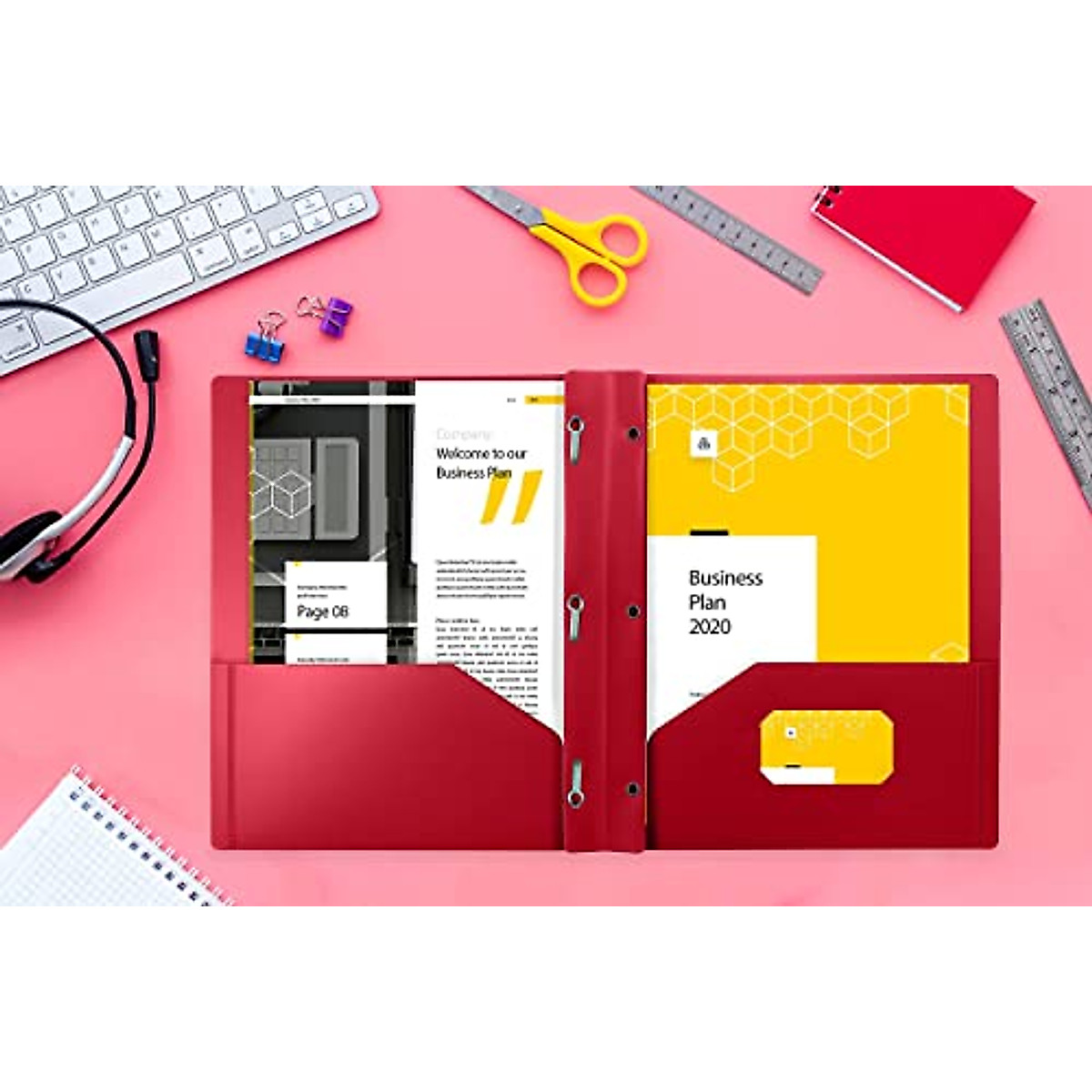 Better Office Products Red Plastic 2 Pocket Folders with Prongs, Heavyweight, Letter Size Poly Folders, 24 Pack, with 3 Metal Prongs Fastener Clips, Red