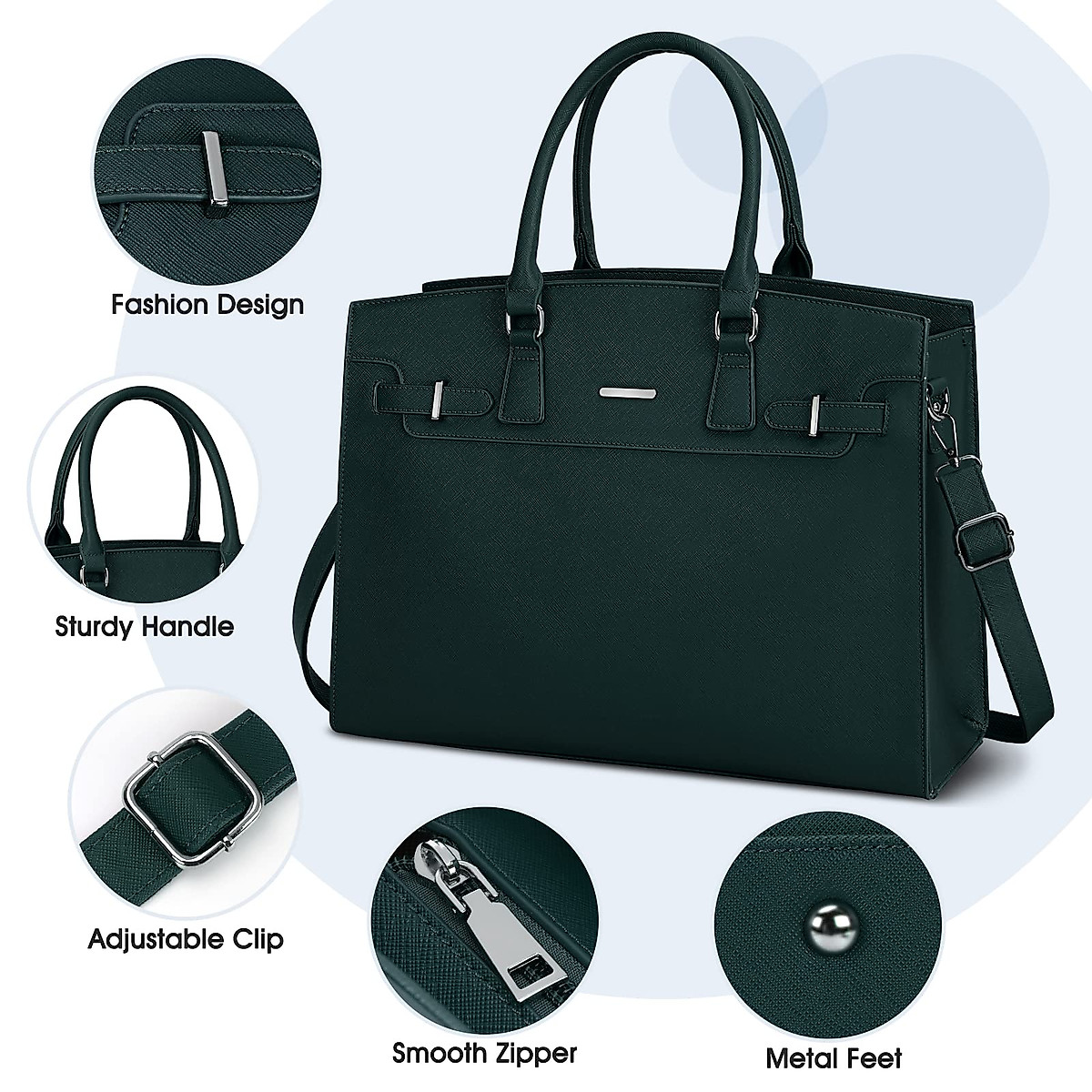 Laptop Bag for Women 15.6 Inch Waterproof Leather Tote Bag Lightweight Business Office Work Bag Large Capacity Professional Briefcase Computer Tote Bag Fashion Handbag Shoulder Bag Dark Green