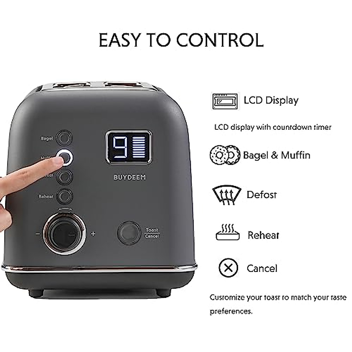 BUYDEEM DT730 Motorized Toaster, 2-Slice Smart Digital Leverless Toaster with LCD Countdown Timer, 9-Shade Settings for Toast, Bagels, Waffles, Muffins