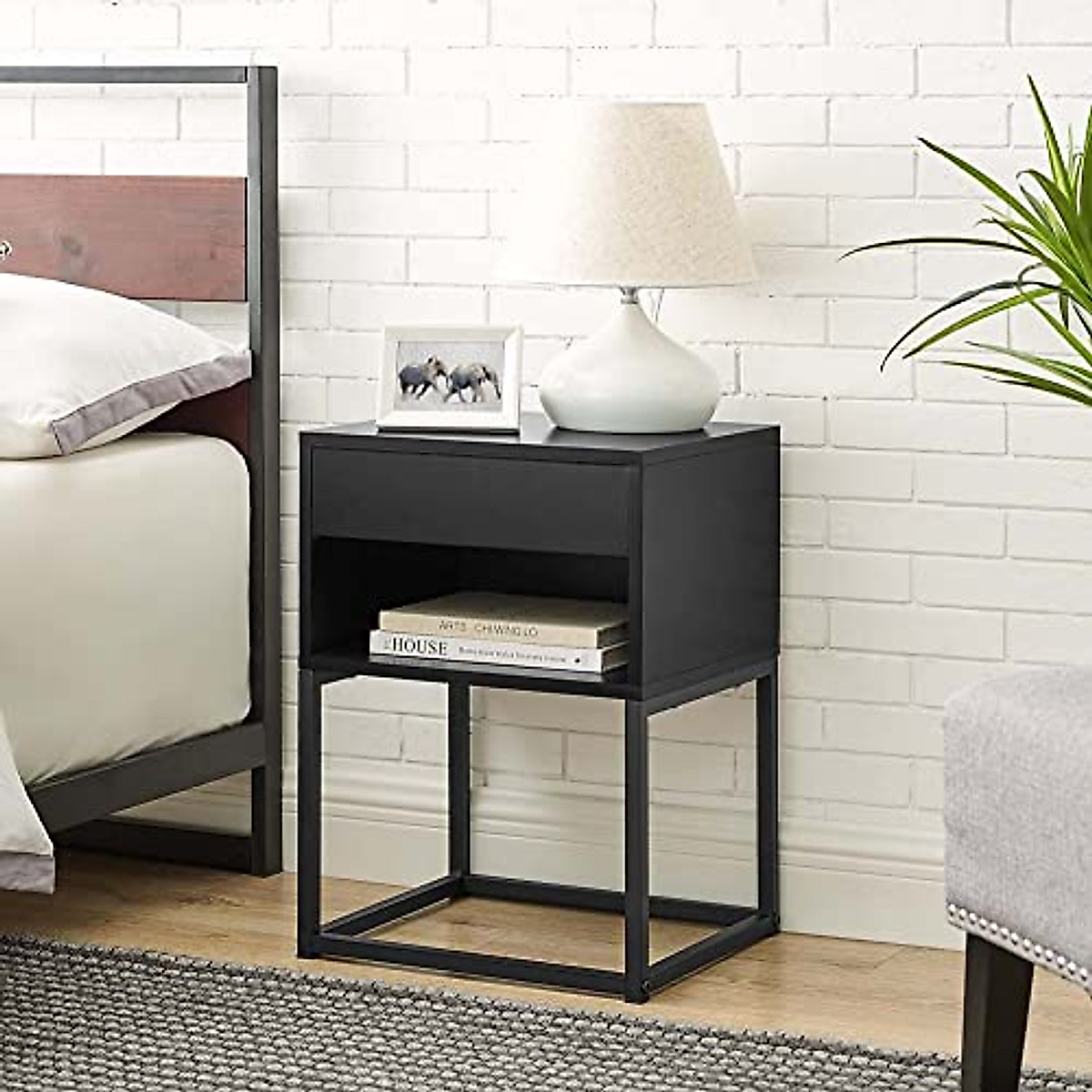 MUSEHOMEINC Simple End Table with Drawer and Shelf for Any Room,Nightstand,Metal Leg Design (Black)