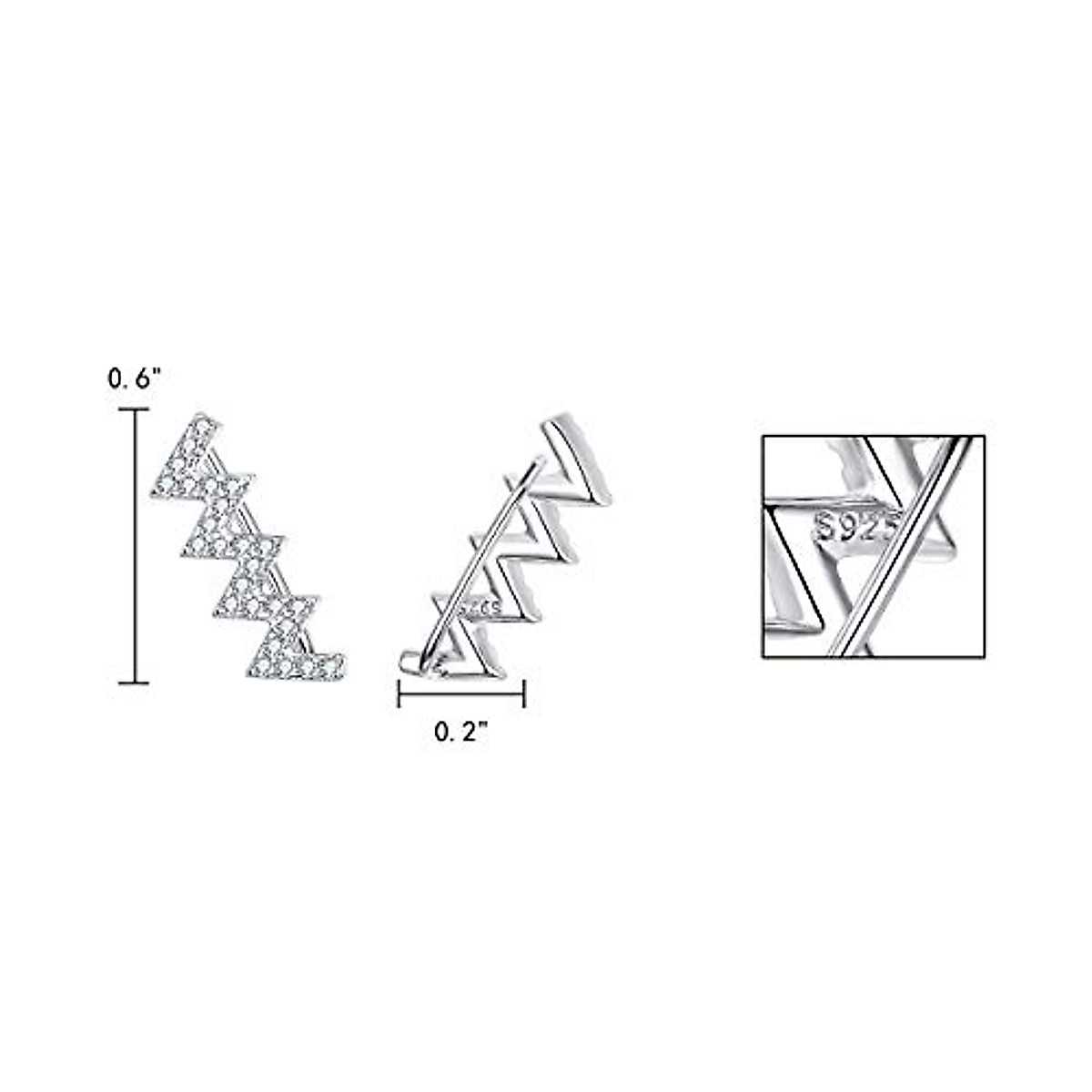 EleQueen 925 Sterling Silver Cubic Zirconia Lightning Bolt Zig Zag Ear Crawlers Sweep Cuff Bridal Hook Earrings 1 Pair