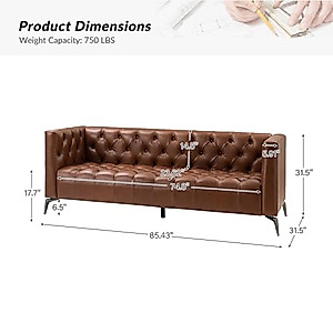 HULALA HOME 85" W Genuine Leather Sofa Couch with Metal Legs, Button-Tufted 3-Seater Sofa with Square Arms, Mid Century Modern Upholstered Couch for Living Room, Bedroom, Apartment, Brown